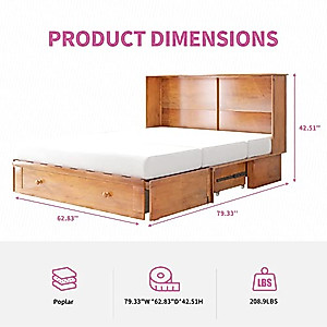 Mixoy Queen Size Murphy Cube Bed,Queen Murphy Cube Cabinet Chest Bed with 3 Level Folding Memory Foam Mattress & USB Charging Station& Large Drawers (Russet Brown,Poplar)