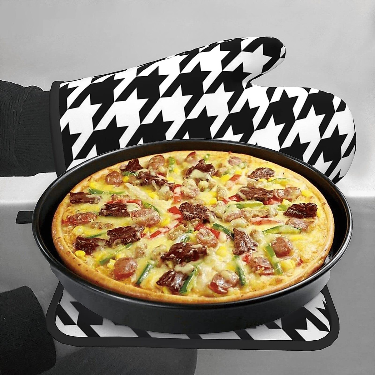 Houndstooth Black Print Oven Mitts and Pot Holders Sets,Non-Slip Heat Resistant Oven Mitts for Home Cooking, Baking,BBQ,Grilling,Holders for Kitchen