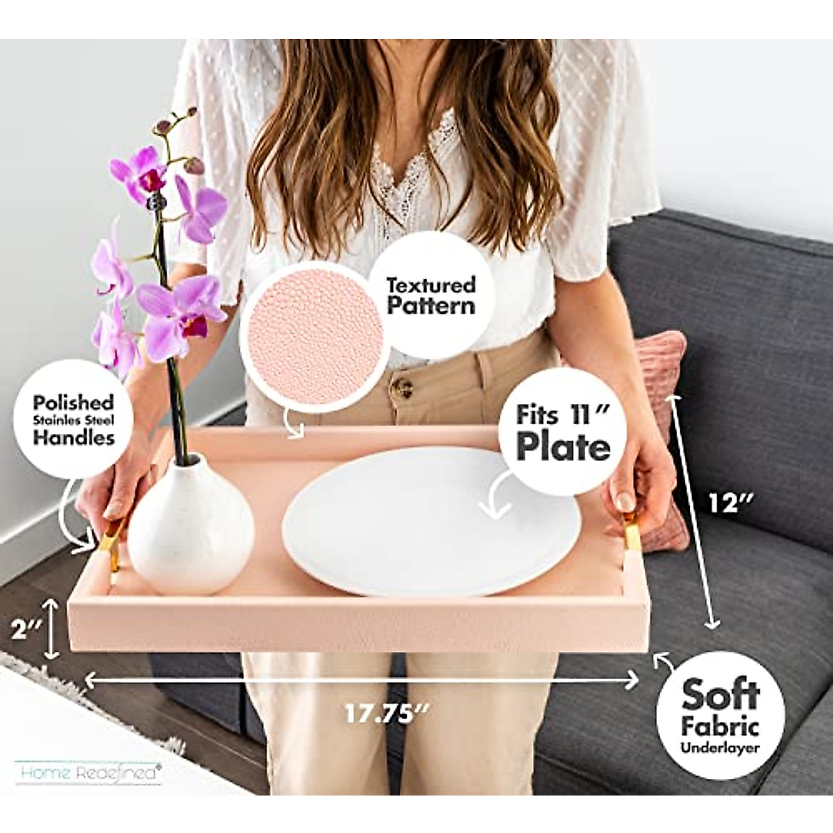 Home Redefined Modern Elegant 18"x12" Rectangle Baby Pink Tray Glossy Shagreen Decorative Ottoman Coffee Table Perfume Dresser Kitchen Serving Tray with Gold Polished Metal Handles for All Occasion's