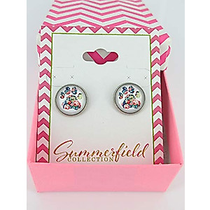 Stainless Steel White and Flower Paw Print Glass Stud Earrings 12mm