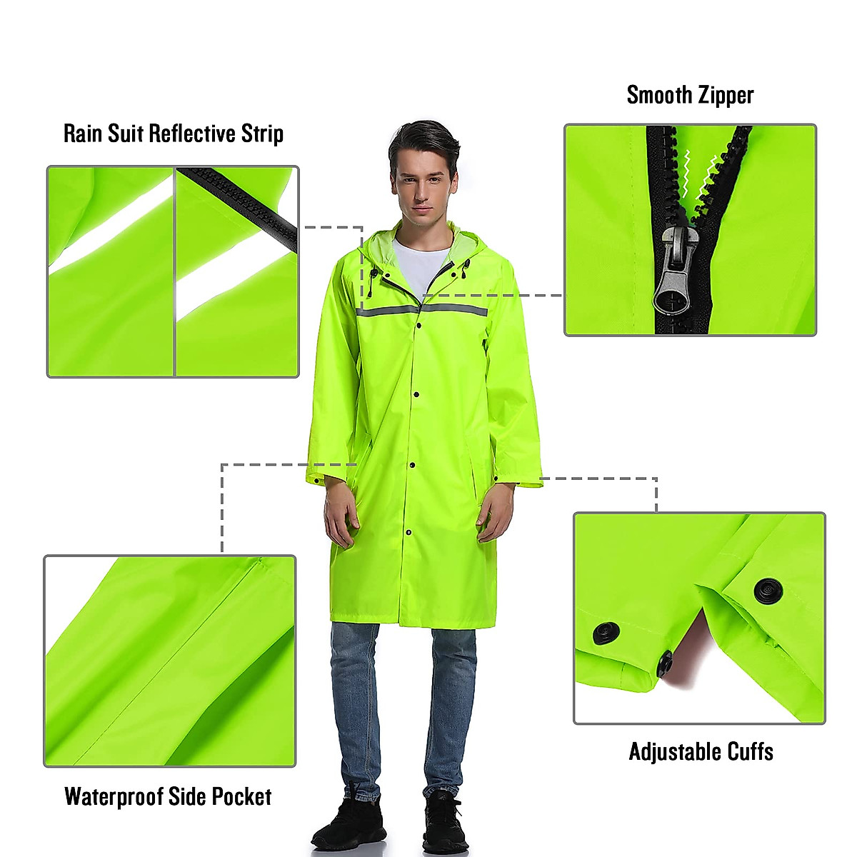 Mens Long Hooded Safety Rain Jacket Waterproof Emergency Raincoat Poncho(Green,XXL)