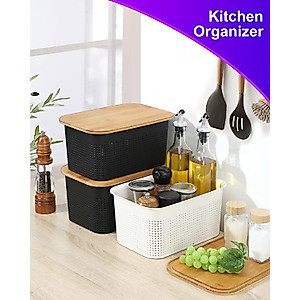 NEATJELAI Storage Bins With Lids 6 Packs Plastic Storage Containers With Bamboo Lids Stackable Storage Baskets for Organizing Desktop Closet Playroom Classroom Office,Black,10.8" L x 7.3" W x 5.1" H