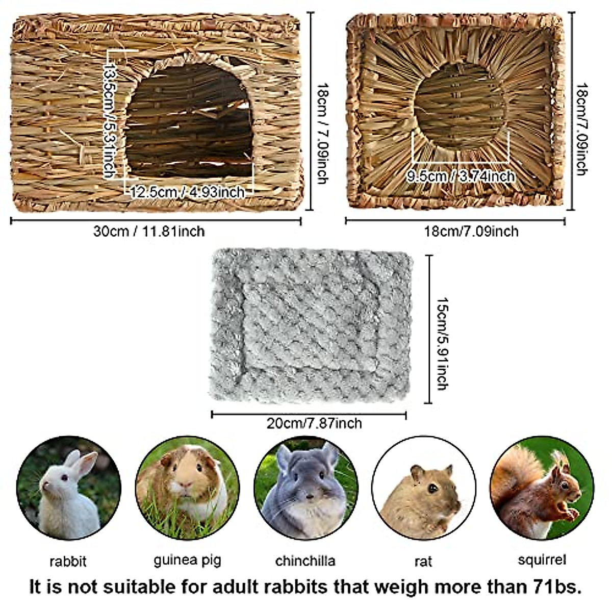 Abnaok Extra Large Grass House for Rabbits with Cotton Pads, Natural Grass Foldable Hut Small Animal Play Hideaway Bed Toys Hay Mat for Bunny Guinea Pig Chinchilla Ferret