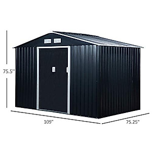 9'X6' Garden Tools Storage Shed Lawn Care Equipment Bicycles Pool Supplies Storage Patio Yard Backyard Use Sloped Roof Design 2 Sliding Door 4 Ventilation Window Galvanized Steel Frame Construction