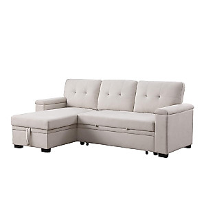 Lilola Home Lucca II 84.5" W Beige Woven Fabric Reversible Sleeper Sectional Sofa with Storage Chaise and Pocket Coil Seating