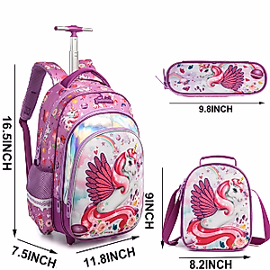 ZBAOGTW Rolling Backpack for Girls,Unicorn Rolling Backpack with Lunch Box and Pencil Bag, Adjustable Length Wheeled Backpack for School,Travel,Picnic