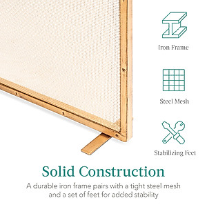 Best Choice Products 38x27in Single Panel Fireplace Screen Handcrafted Steel Mesh Spark Guard for Living Room, Bedroom Décor w/Handles - Antique Gold