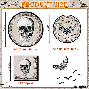 DYLIVeS Halloween Party Plates and Napkins Set, 150 Pcs Halloween Skull Bats Tableware for Boys Adult Happy Halloween Party Supplies Disposable Dinnerware Holiday Halloween Decorations, Serve 50