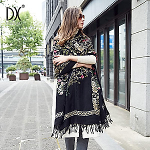 DANA XU 100% Merino Wool Extra Large Pashmina Blanket Travel Scarf Cashmere Wrap for Women Fall Winter Oversize Shawl Floral