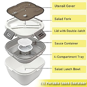 Temiminime Salad Lunch Containers for Adults with Portable Bag,60oz/1.7L Large Plastic Salad Bowls for Lunch, BPA-Free, 4-Compartment Tray & a Sauce Cup, Lid with Dual-Latches, White