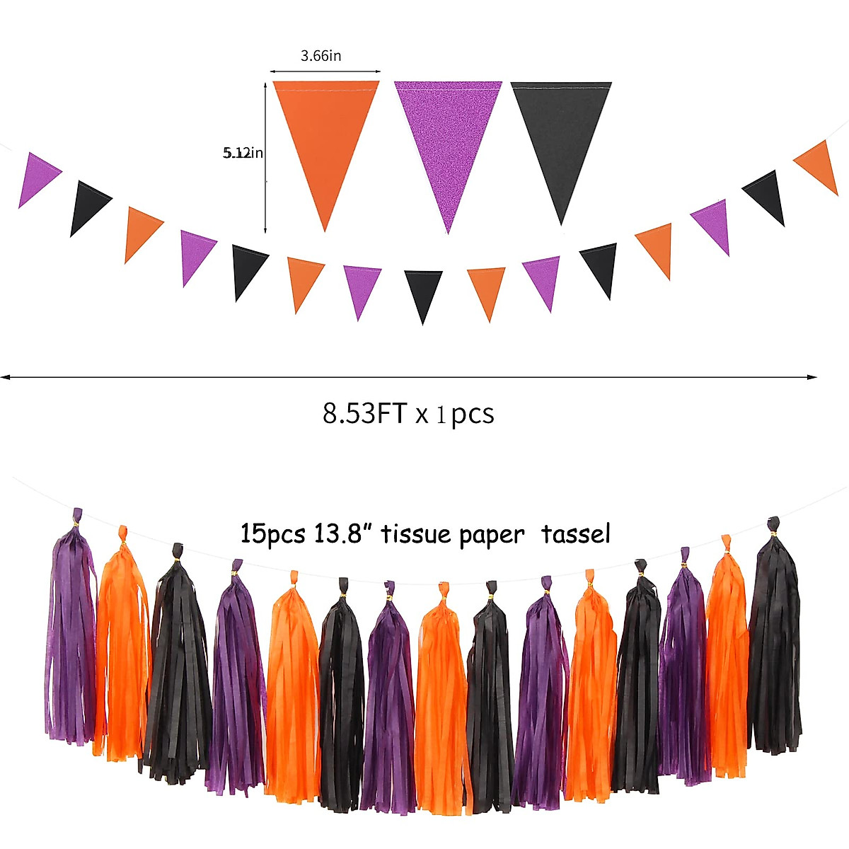 Black Purple Orange Halloween Party-Decorations - 23pcs Tissue Pom Poms Streamers,Tassel Garland Banner,Graduation 2023 Birthday Wedding Baby Bridal Shower Decor Bunting Lasting Surprise