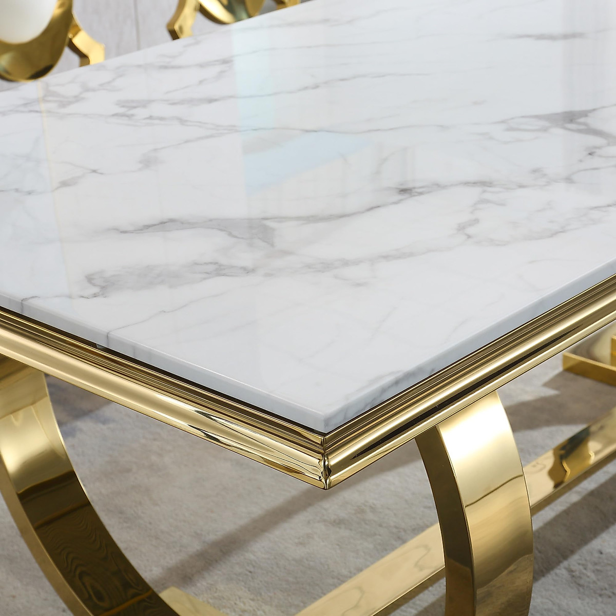 SSLine Modern White Marble Dining Table for 6-8 Rectangle 70" Faux Marble Kitchen Table for 6 Luxury Dining Room Table with Gold Mirrored Stainless Steel U Shape Pedestal Base for Home Office