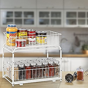 LIANTRAL 2 Tier Under Cabinet Organizer with Sliding Storage Drawer, Pull Out Cabinets Organizer Shelf, Multi-purpose Stackable Bathroom Sink Organizer Cabinet, White.