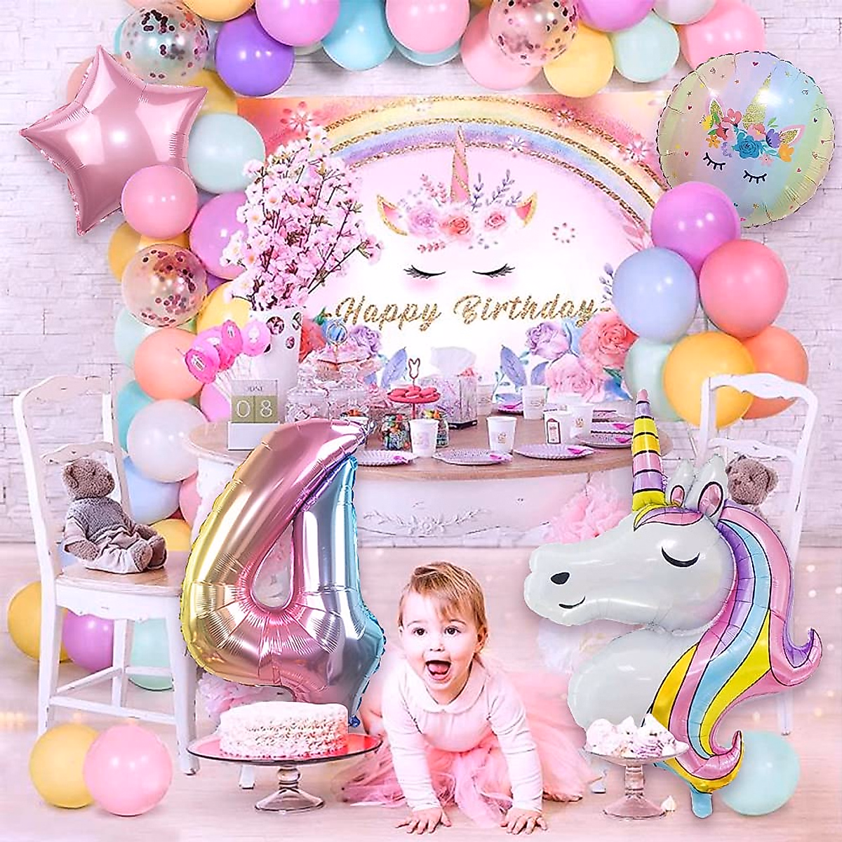 DUILE Unicorn Balloons Unicorn Birthday Party Decorations for Girls Foil Balloons Set Macaron and Rainbow Balloon Wedding Baby Shower Party Supplies (4)