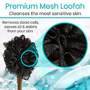 Loofah Back Scrubber by Vive - Long Handled Exfoliating Bath & Shower Body Brush Luffa Sponge On a Stick w/String for Hook - Men & Women (Loofah Brush Dark Wood)