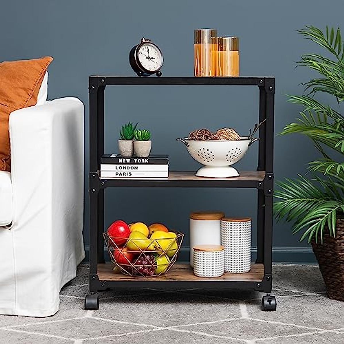 MIND READER Rolling Bar Cart [3 Tier] Kitchen Microwave Cart Island On Wheels, Coffee Station (Wood/Metal, Black/Brown)