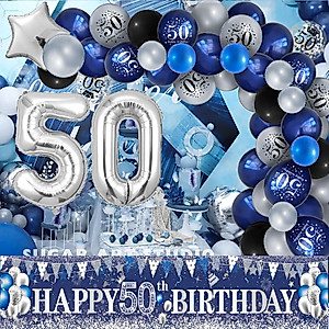 50th Birthday Party Decorations Navy Blue Silver Happy 50th Birthday Yard Banner with 61pcs Latex Balloons Foil Number 50 Balloons Backdrop for Men Women Birthday Anniversary Party Decor Supplies