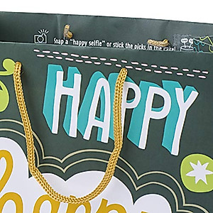Hallmark 9" Medium Birthday Gift Bag with Tissue Paper and Mini Signs (Happy Happy Birthday, Green, Grey, Blue Hand lettering)