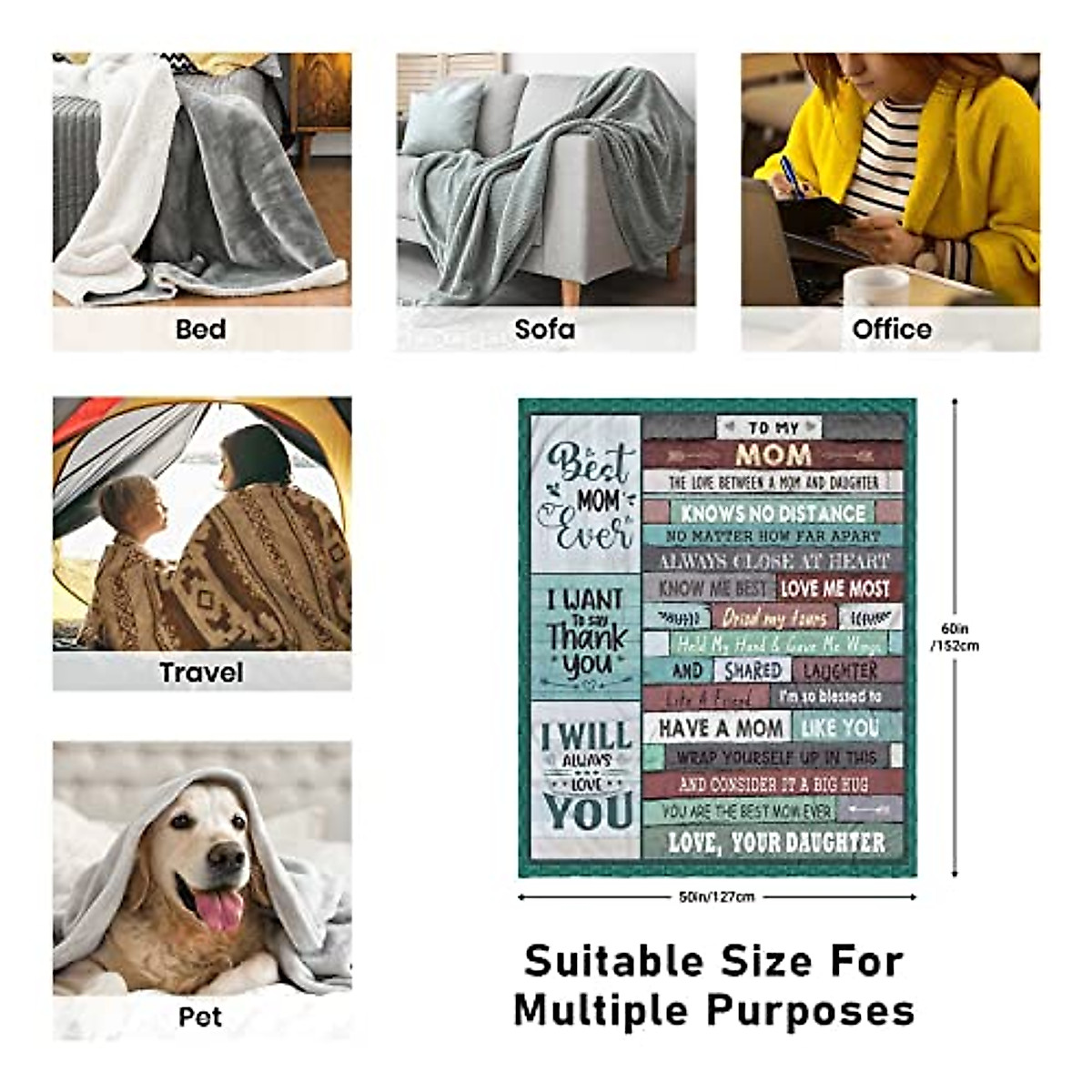 Jnufoju Gifts for Mom - Mothers Day Birthday Gifts for Mom from Daughter - Mom Gifts Throw Blanket 60 x 50 inch - Moms Birthday Gift Ideas - Best Mom Ever Gifts - Gifts for Mom Who Has Everything