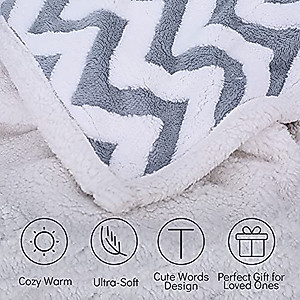 Ailemei Sherpa Fleece Blanket with Creative Embroidered Words Patch, King Size Reversible Fuzzy Soft Fluffy Huge Bed Blankets for Winter, Grey Chevron (Let's Stay Home)