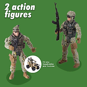 Dazmers Military Army Toys, Action Soldier Figures and Vehicles Set - Army Helicopter Toy, Truck, Quadbike - Lights and Sounds - Friction Powered Army Trucks