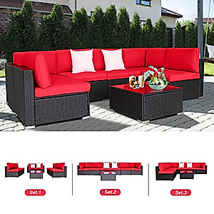 Excited Work 7 PCs Outdoor Patio Furniture Sets PE Rattan Wicker Sofa Sectional Furniture Set with 2 Pillows and Tea Table (Red)