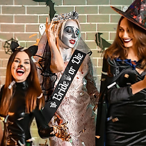 Crowye 3 Pcs Black Bride Veil Bride or Die Sash Bachelorette Party Decorations Crystal Bride Tiara Bride Crown Skull Wedding Veil with Comb Wedding Day Accessories Bridal Shower Decoration