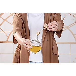 1PC 220ml Clear Glass Refillable Hexagon Shape Honey Pot Jar with Wooden Dipper Sticks and Lid Syrup Dispenser Container Empty Bottle Food Storage for Home Kitchen
