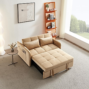 FIQHOME 55" Pull, Modern Velvet Convertible Adjustable Backrest Sleeper, Small Loveseat Sofa Bed with Two Pillows and Side Pockets for Living Room, Apartment,Khaki