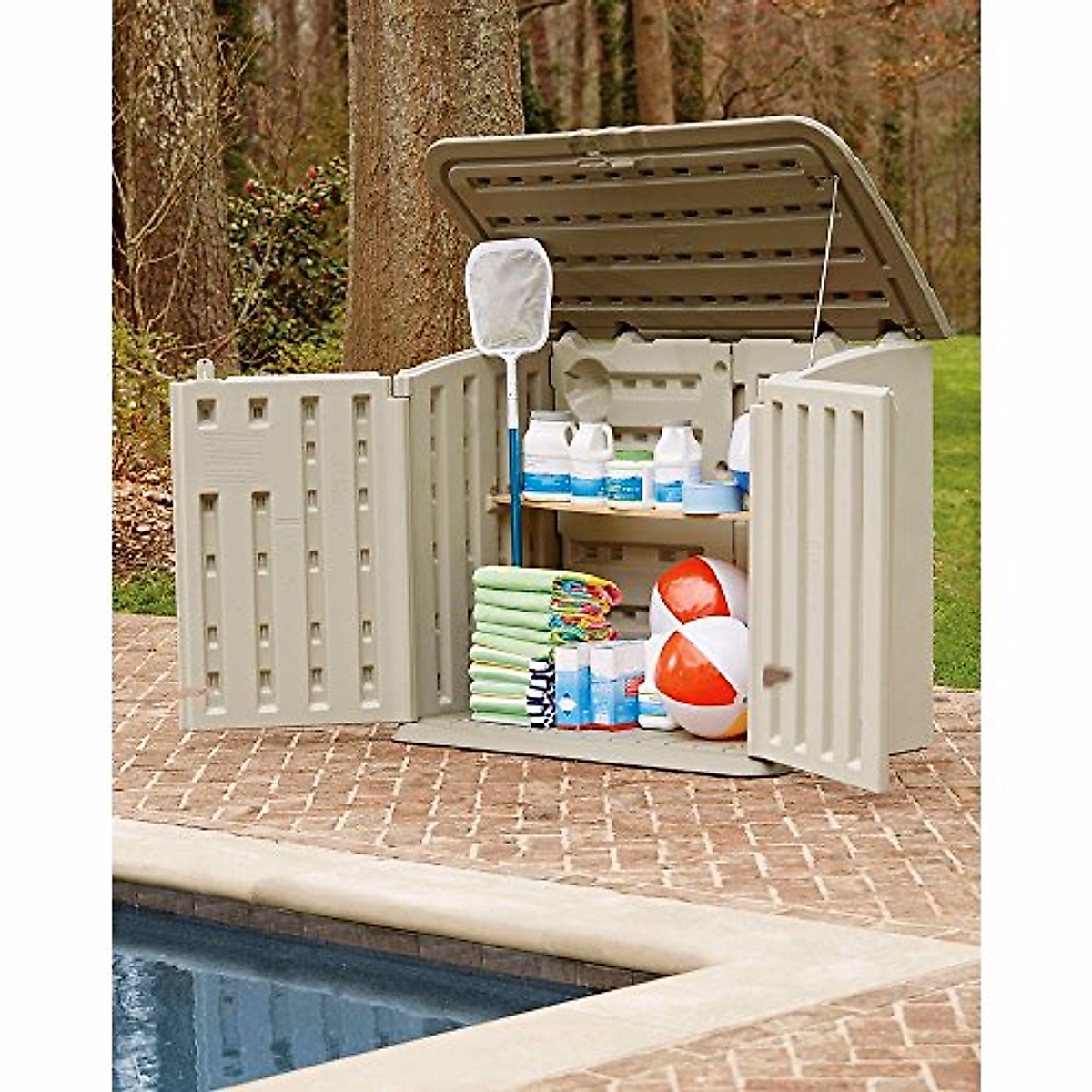 Rubbermaid Large Horizontal Resin Weather Resistant Outdoor Storage Shed, 32 cubic ft., Olive Steel/Sandstone, for Garden/Backyard/Home/Pool