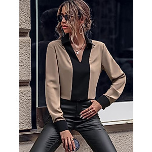 SweatyRocks Women's Color Block Long Sleeve Collar V Neck Shirt Casual Office Work Pullover Blouse Top Apricot S