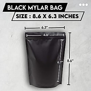 SPACE SEAL Matte Black Aluminum Mylar Bags (6.3x8.6 In - 100 Pcs), Reusable, Aluminum Sealing, Zipper Closure, Smell Proof, UV Protection, Food Storage
