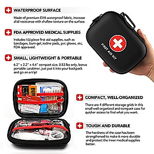 Mini First Aid Kit, 100 Pieces Water-Resistant Hard Shell Small Case - Perfect for Travel, Outdoor, Home, Office, Camping, Hiking, Car (Black)