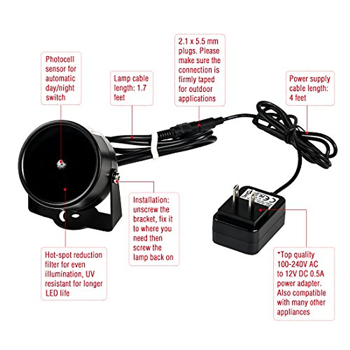 Tendelux 80ft IR Illuminator | AI4 No Hot Spot Wide Angle Infrared Light for Security Camera (w/Power Adapter)