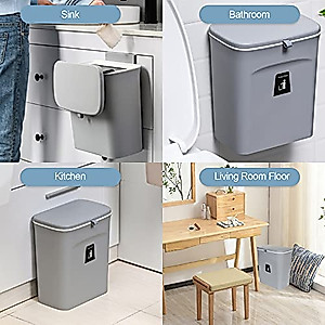 2.4 Gallon Hanging Trash Can with Lid Kitchen Compost Bin Trash Can for Counter Top or Under Sink, Hanging Small Trash Can with Lid for Cupboard / Bathroom / Office, Mountable Indoor Compost Bucket