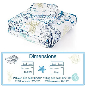 FRAMICS 3-Piece King Size Reversible Quilt Set Summer Quilt Lightweight Ocean Quilts Beach Bedspread Coverlet Blue Coral Conch Seashell Coastal Bedding for All Season(1 Quilt, 2 Pillow Shams)