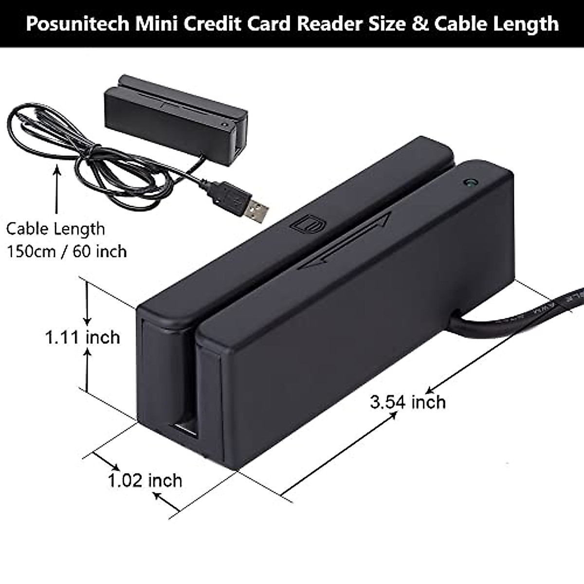 Posunitech Mini Msr100 Swipe Magnetic Credit Card Reader 3 Tracks Hi/Lo Data Collector, USB Msr Stripe Card Reader for Point of Sale (POS), Access Control, ID Verify