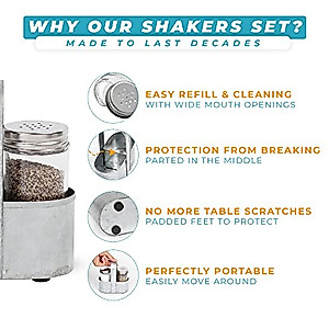 Farmhouse Salt and Pepper Shakers Set With Metal Caddy by Saratoga Home - Vintage Salt and Pepper Shaker Dispensers With Padded Feet, Easy to Clean & Refill, Each Glass Shaker Holds ½ Cup, Silver