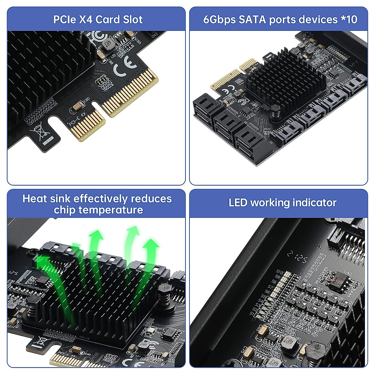 PCIE 4X SATA Card 10 Ports,with 10 SATA Cables and Low Profile Bracket, PCIE to SATA 3.0 6 Gbps Controller, PCIE to SATA Expansion Card,SATA Controller,SATA PCIE Card,ASM1166+JMB575 Chips