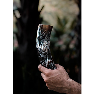NORSE EMPIRE 12Oz Viking Drinking Horn with Stand Authentic Unique Beer Gift for Men and Women Medieval Stein for Mead Ale Whiskey | Home Decor Accessories Natural Shine Finish - Raven