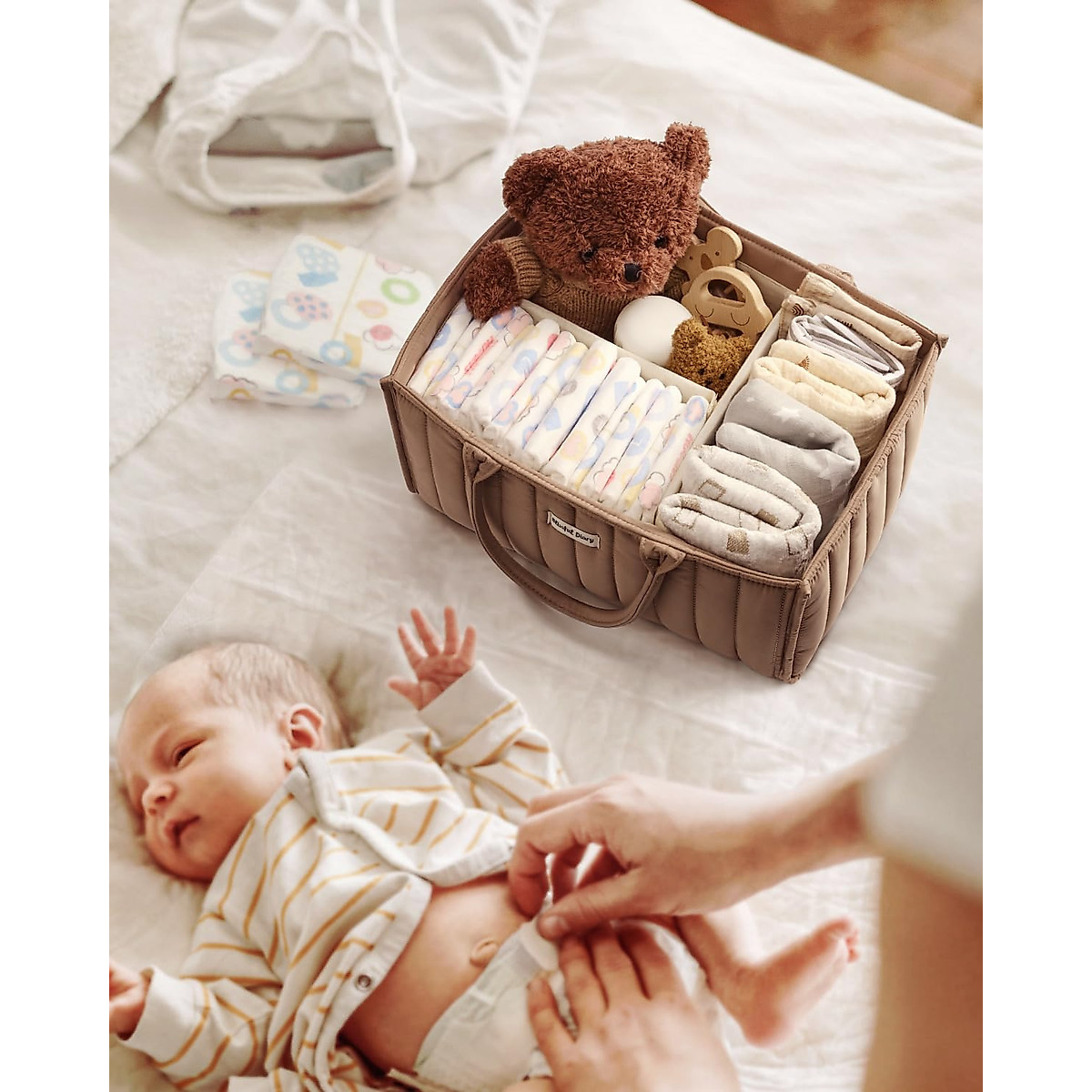 Blissful Diary Baby Diaper Caddy Organizer, Stylish Storage Basket for Newborn Essentials and Diaper Station, Gift for Baby Shower and Registry Must-Have, Mocha Brown