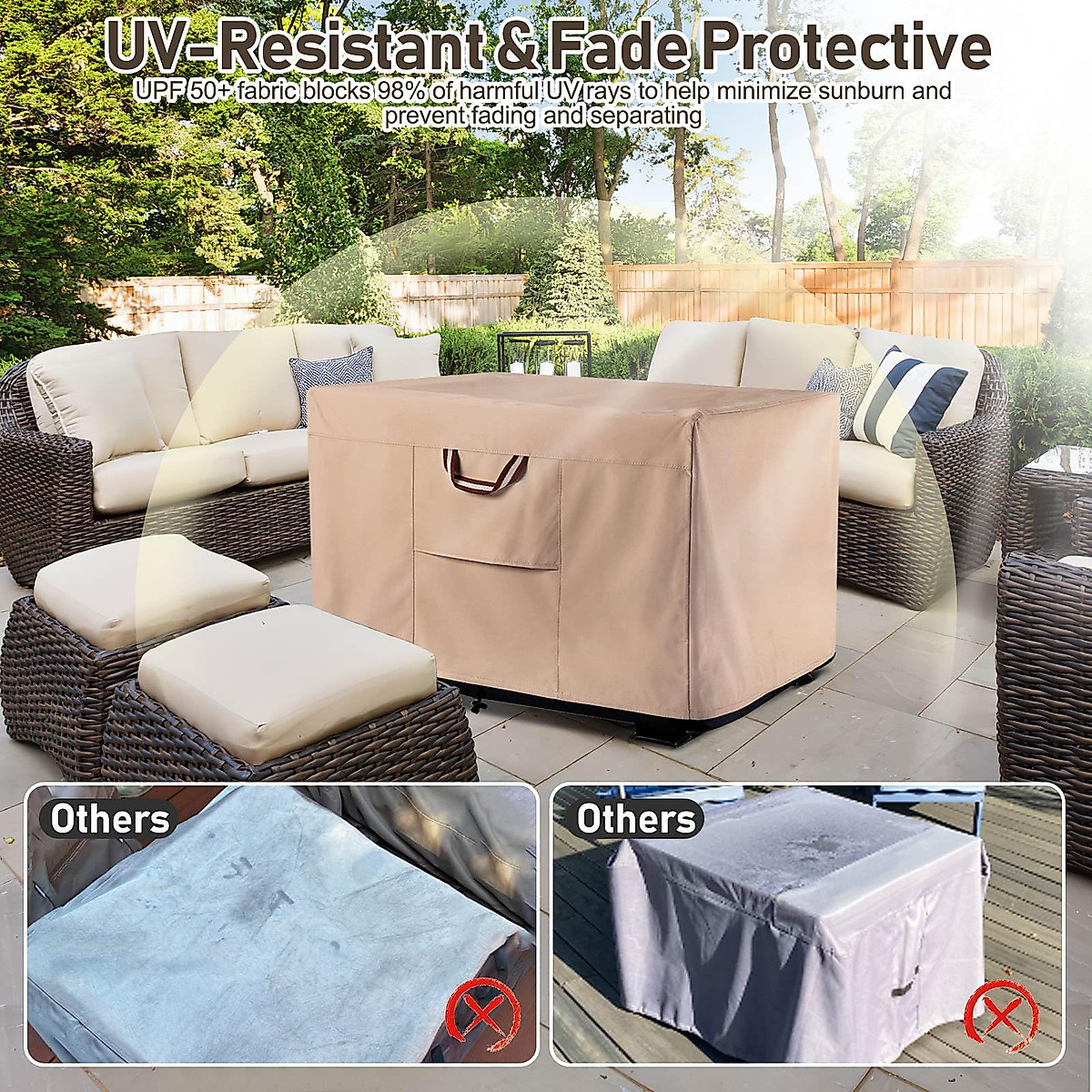 Fire Pit Cover Square - 42-44 Inch Heavy Duty 900D Strong Tear-resistant and UV Resistant and Waterproof and Fading Resistant Material Polyester Firepit Covers Square for Outdoor Fire Table - Wheat