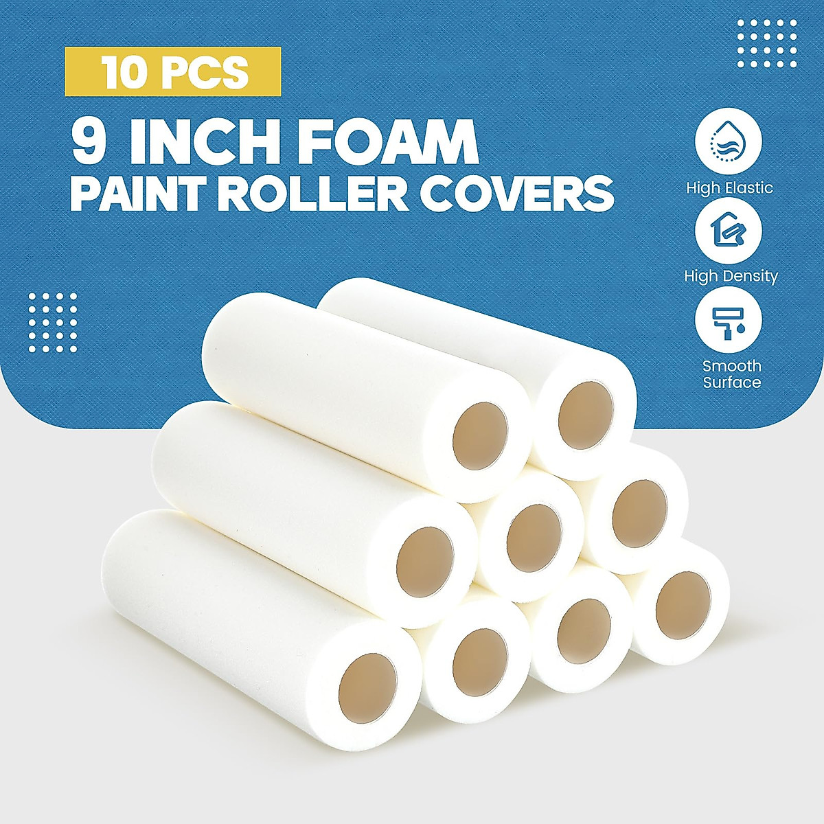 Nuenen 10 Pcs 9 Inch Foam Paint Roller, High Density Foam Paint Roller Covers Wall Paint Roller for Painting Doors Houses Cabinets Ceilings Furniture Smooth Even Finishes Flat Surfaces, White