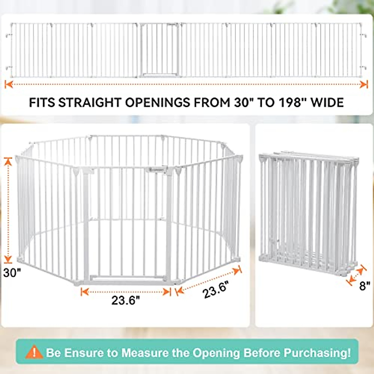 COMOMY 198" Baby Gate Extra Wide, Dog Gate Pet Gate for House Stairs Doorways Fireplace, Adjustable 3 in 1 Play Yard Child Safety Gate, Auto Close, Hardware Mounted (30" Tall, White)