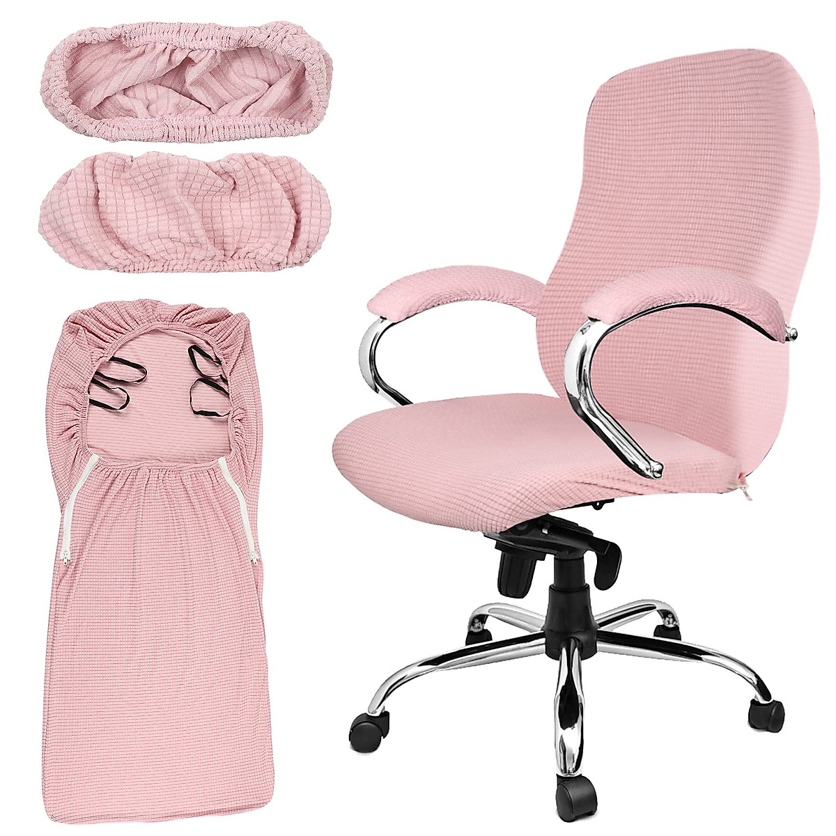 Tatuo 3 Pcs Computer Office Chair Cover Universal Rotating Chair Slipcovers Protector Removable Washable Office Chair Armrest Covers with Zipper for High Back Chair Seat Backrest Pads, Large, Pink