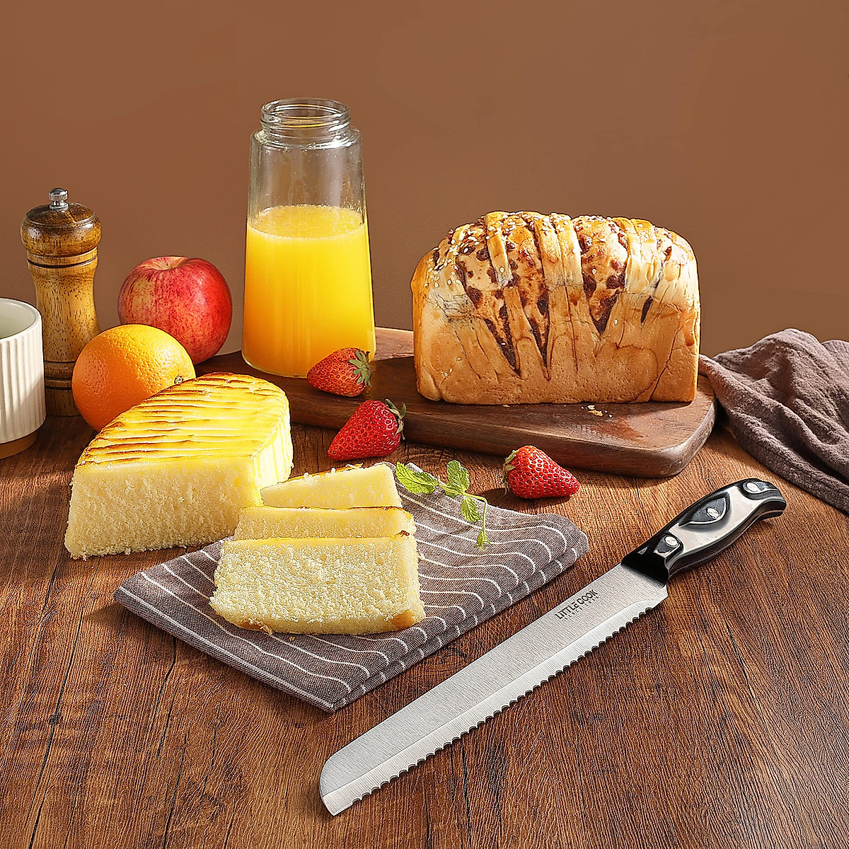 Little Cook Bread Knife with Cover, 10 inch serrated bread knife for homemade bread, German Stainless Steel brisket knife, Bread Cutter Ideal for Slicing Homemade Bread, Bagels, Cake