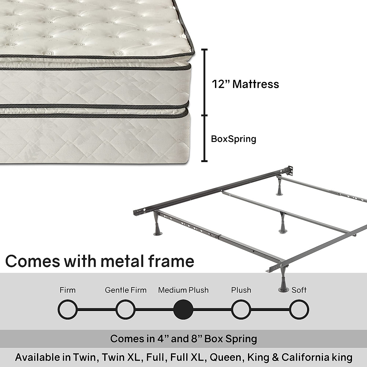 Mayton, 12-Inch Medium Plush Double Sided Pillowtop Innerspring Mattress & 8" Wood Box Spring Set with Frame, Queen