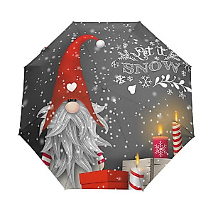 AHOMY Auto Open Close Umbrella, Christmas Gnome Candles Snowflake Gift Boxes Folding Travel Umbrellas for Rain and Sun