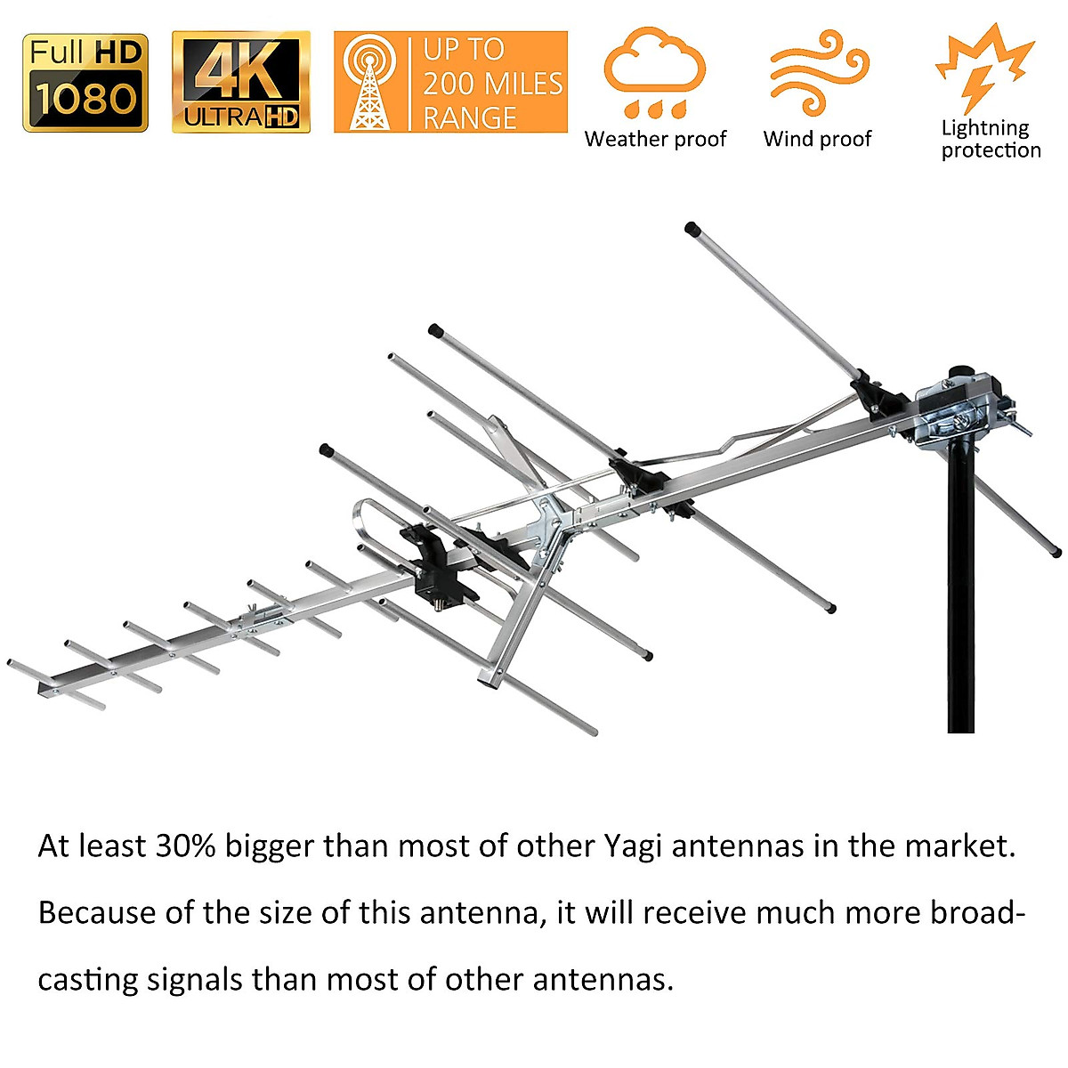 Five Star TV Antenna Indoor/Outdoor Yagi Satellite HD Antenna with up to 200 Mile Range - Attic or Roof Mount TV Antenna, Digital OTA Radio/FM Antenna for 4K 1080P with Mounting Pole