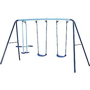 JYGOPLA 2 in 1 Metal Swing Set with Glider, Heavy Duty A-Frame with Two Swings Seats and One Glider, 4 Children, Ages 3 to 8 for Playground and Backyard, Blue